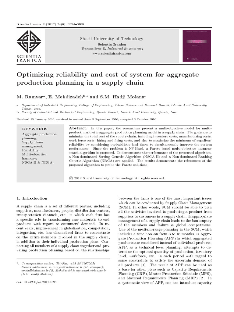 Optimizing Reliability And Cost Of System For Aggregate Production Planning In A Supply Chain