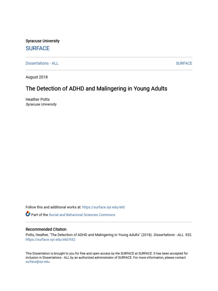 The Detection of Adhd and Malingering in Young Adults | PDF | Attention Deficit Hyperactivity ...
