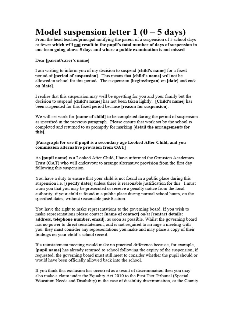 Suspension Template Letter 1-5 Days SEP 23 | PDF | Justice | Crime ...