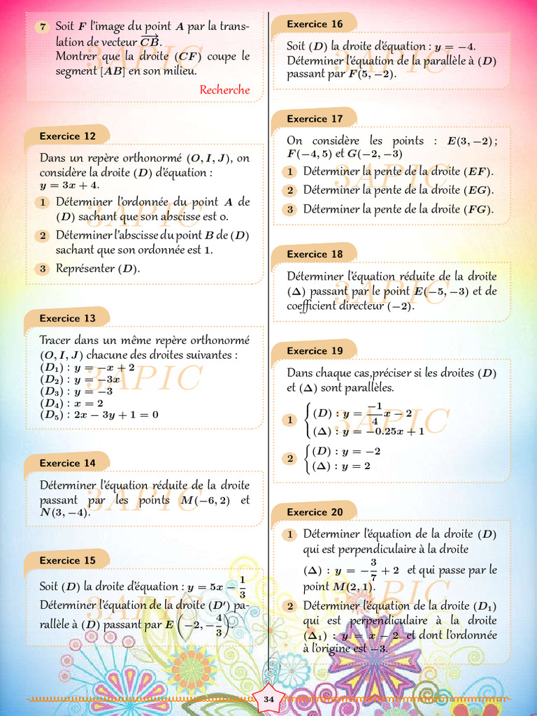 Exercices sur l'équation d'une droite 3AC | PDF | Mathématiques ...