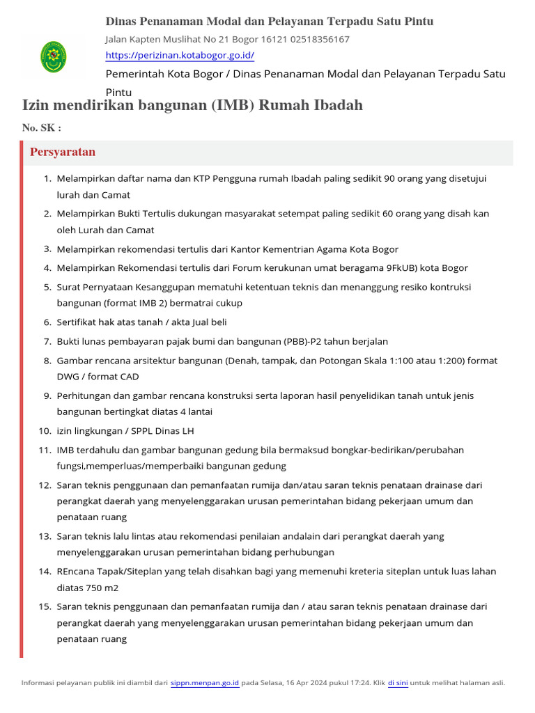 Unduh Standar Pelayanan - Izin Mendirikan Bangunan (IMB) Rumah Ibadah | PDF