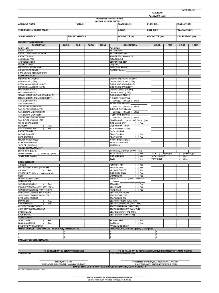 MV Checklist 2022 Autorecovery Psbank 2 | PDF | Trunk (Car) | Vehicles