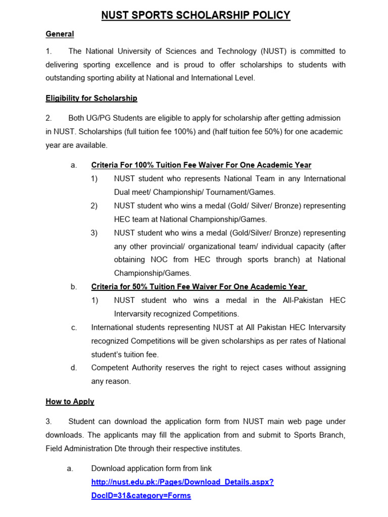 NUST Sports Scholarship Guidelines | PDF | Justice | Crime & Violence