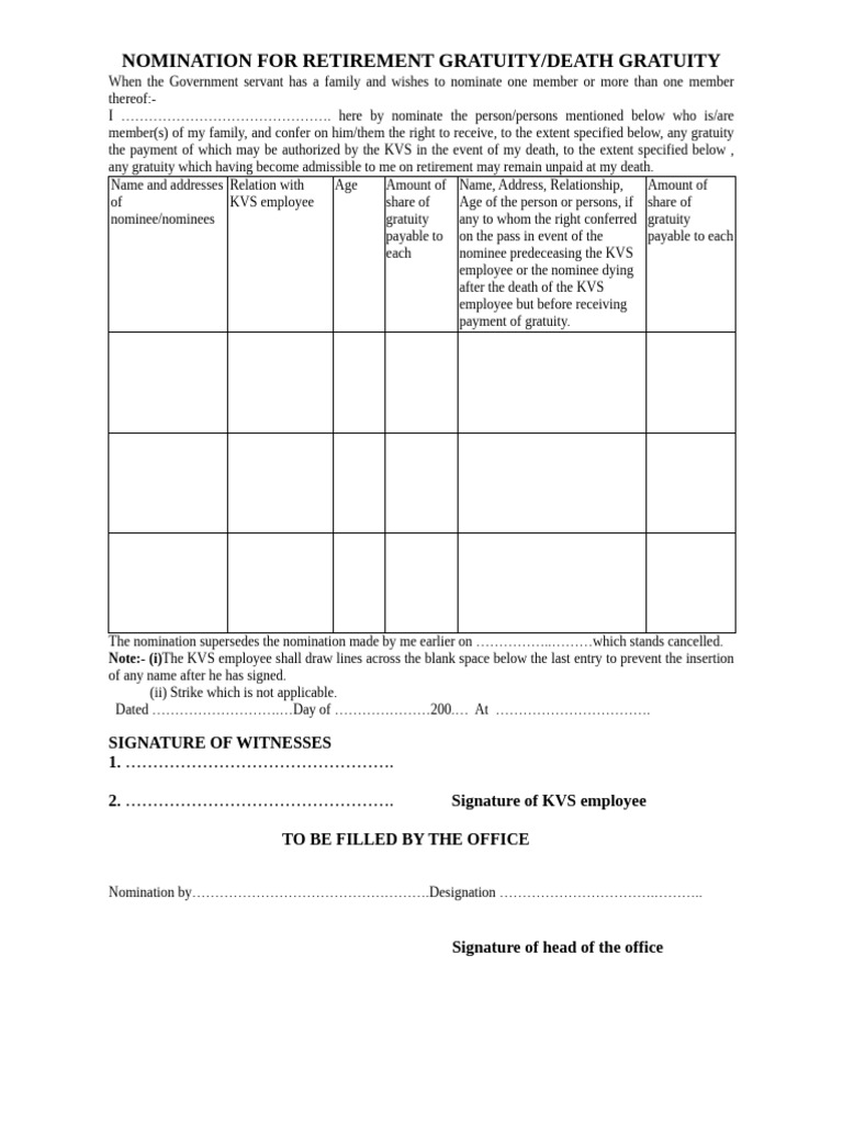 Nomination For Retirement Gratuity | PDF | Private Law