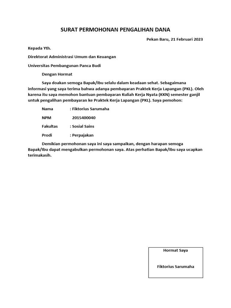 SURAT PERMOHONAN PENGALIHAN DANA (1) | PDF