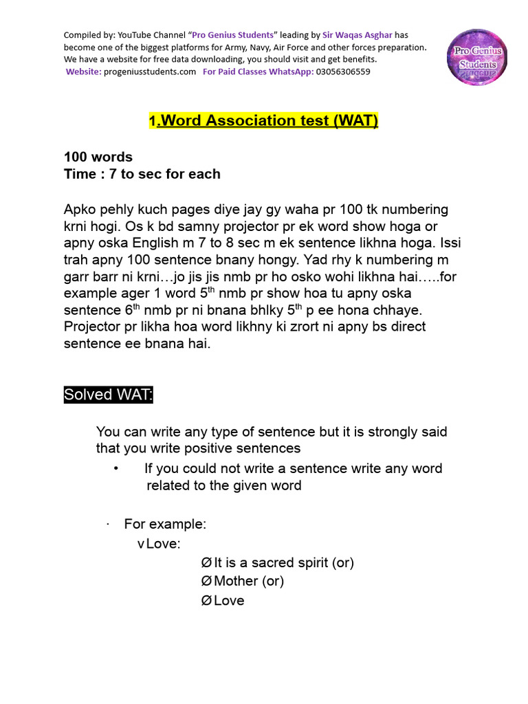 ISSB Word Association (WAT) ISSB-Pro Genius Students | PDF | Games ...
