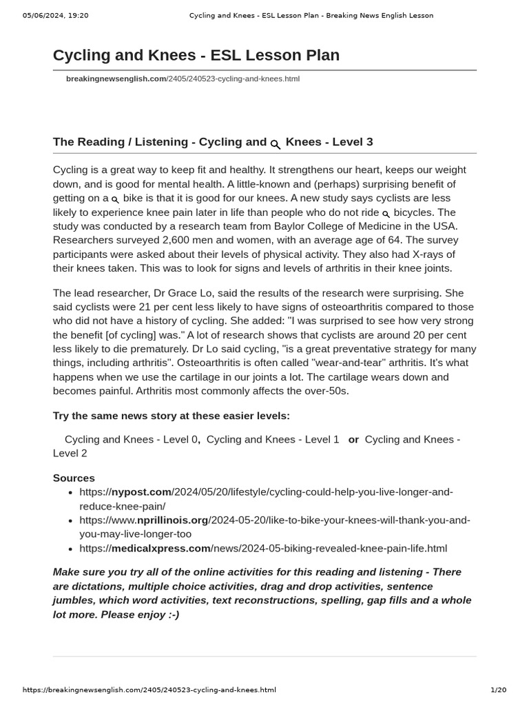 Cycling and Knees - ESL Lesson Plan - Breaking News English Lesson ...