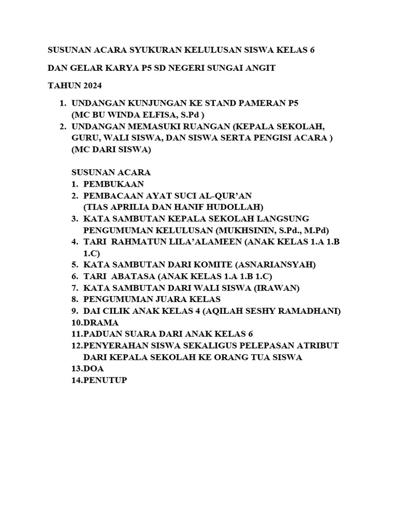 Susunan Acara Syukuran Kelulusan Siswa Kelas 6 | PDF