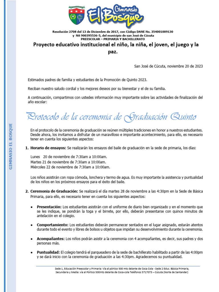 2023 Protocolo Ceremonia de Graduacion 2023 Quinto Grado | PDF
