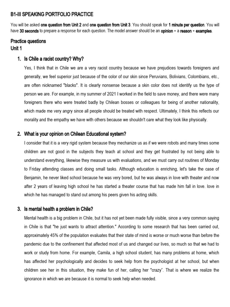 Practice B1-III Speaking Portfolio | PDF | Mental Health