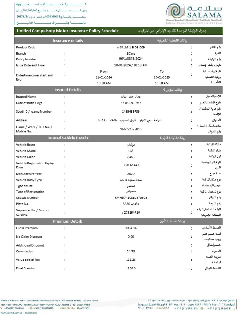 Unified Compulsory Motor Insurance Policy Schedule تابكرلما ىلع ...