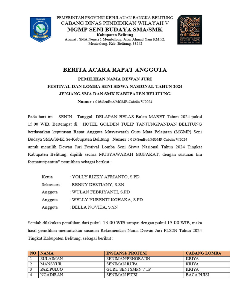 Berita Acara Pemilihan Dewan Juri FLS2N SMA Dan SMK 2024 | PDF