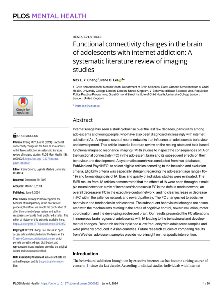 Functional Connectivity Changes in The Brain of Adolescents With Internet Addiction: A ...