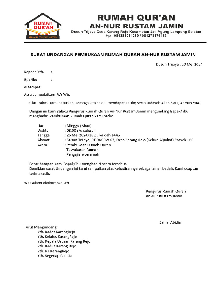 Undangan Pembukaan Rumah Quran An-Nur | PDF | Memasak, Makanan, & Anggur