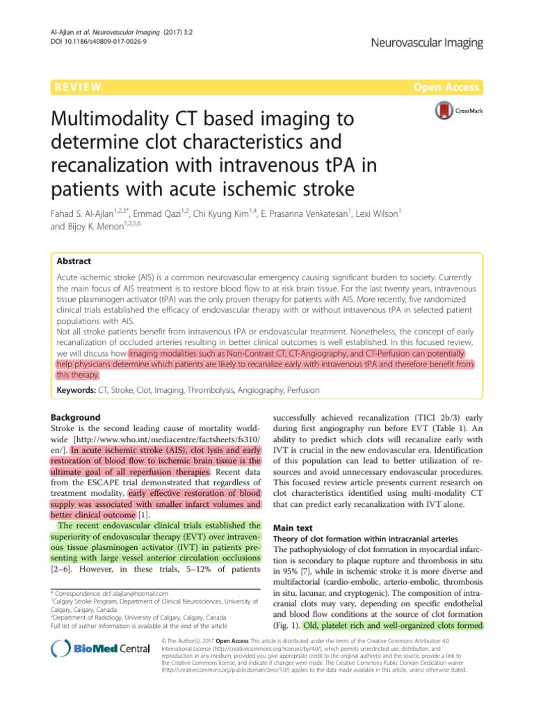 Multimodality CT Based Imaging To Determine Clot Characteristics and ...