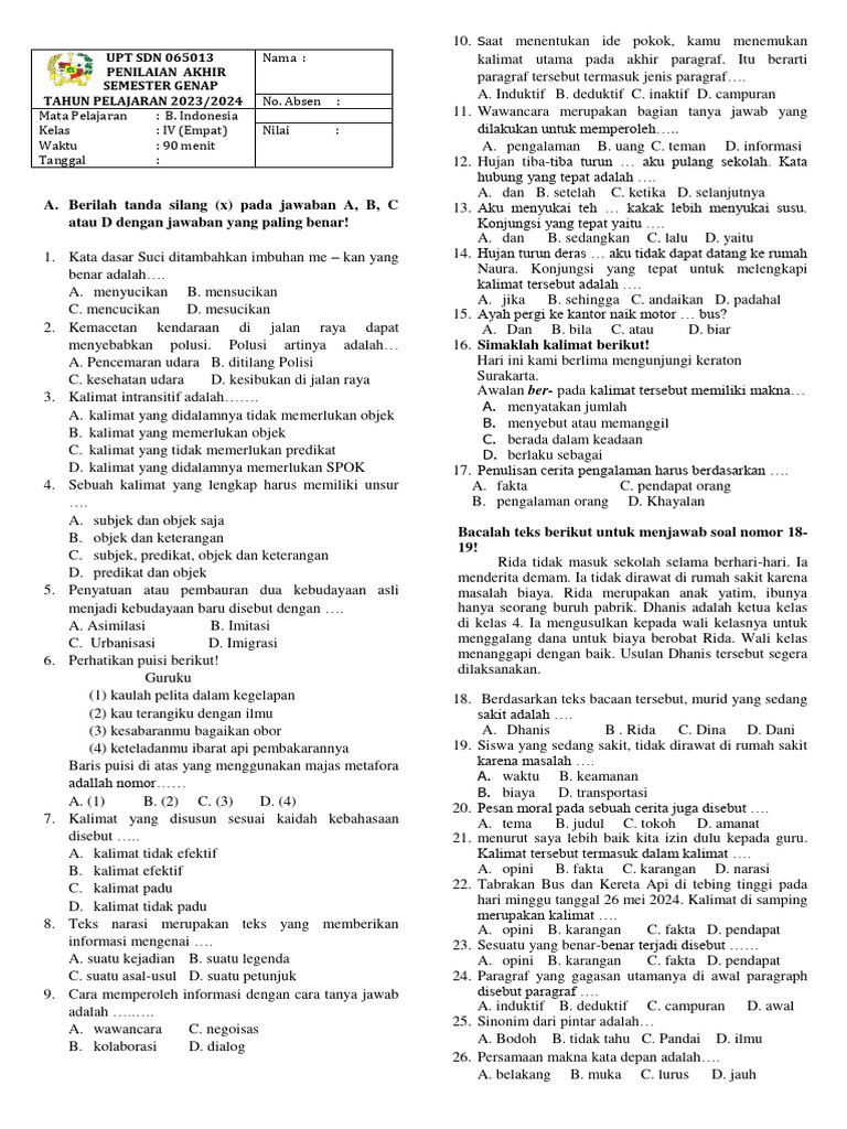 Soal UAS B. Indonesia Kelas 4 | PDF