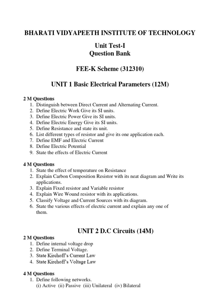 Fundamental of Electrical Engineering Unit Test 1 290124 | PDF ...