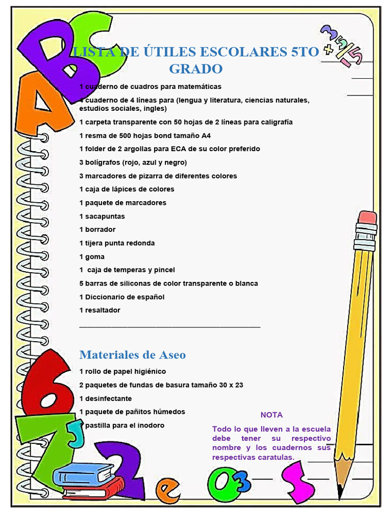 Lista de Útiles Escolares 5to 2024-2025 | PDF