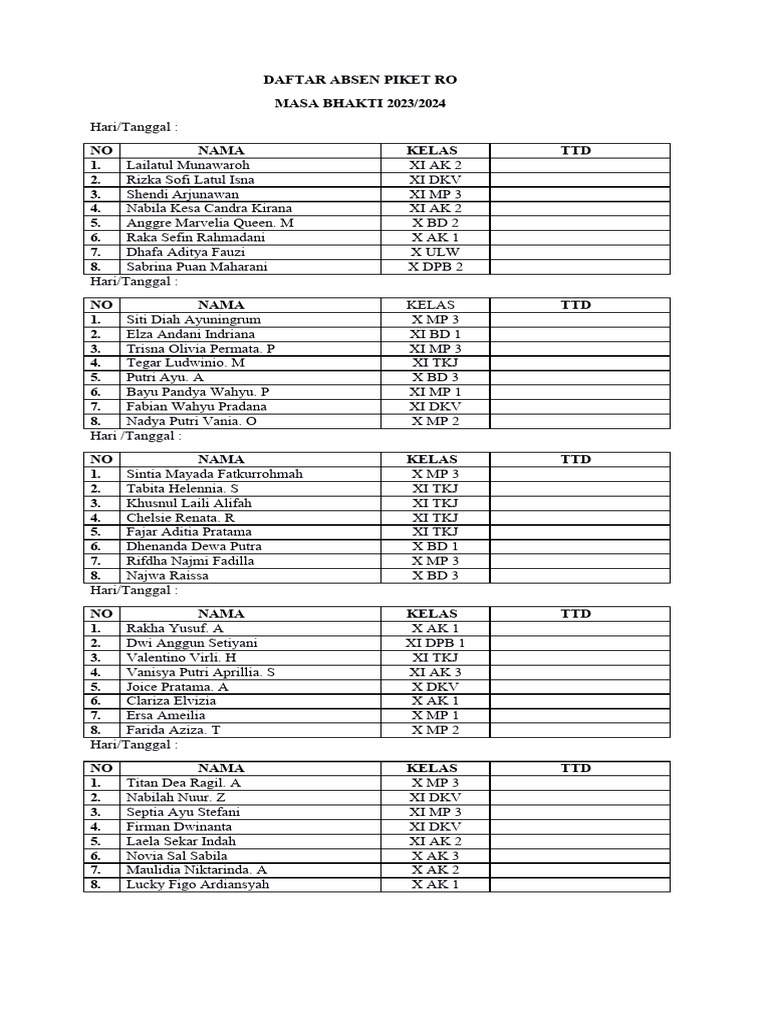 Daftar Absen Piket | PDF