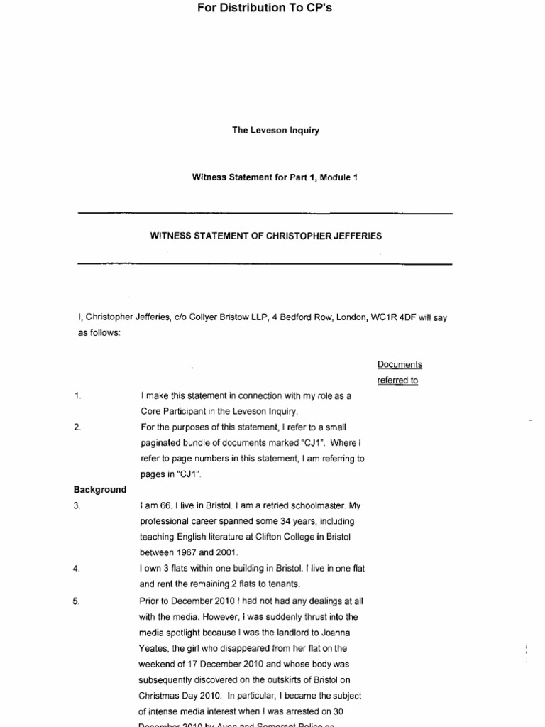 Witness Statement of Christopher Jefferies | PDF | Arrest | Newspaper ...