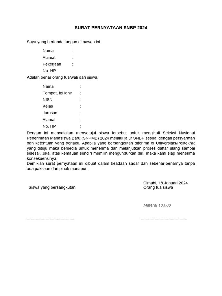 Surat Pernyataan SNBP 2024 | PDF