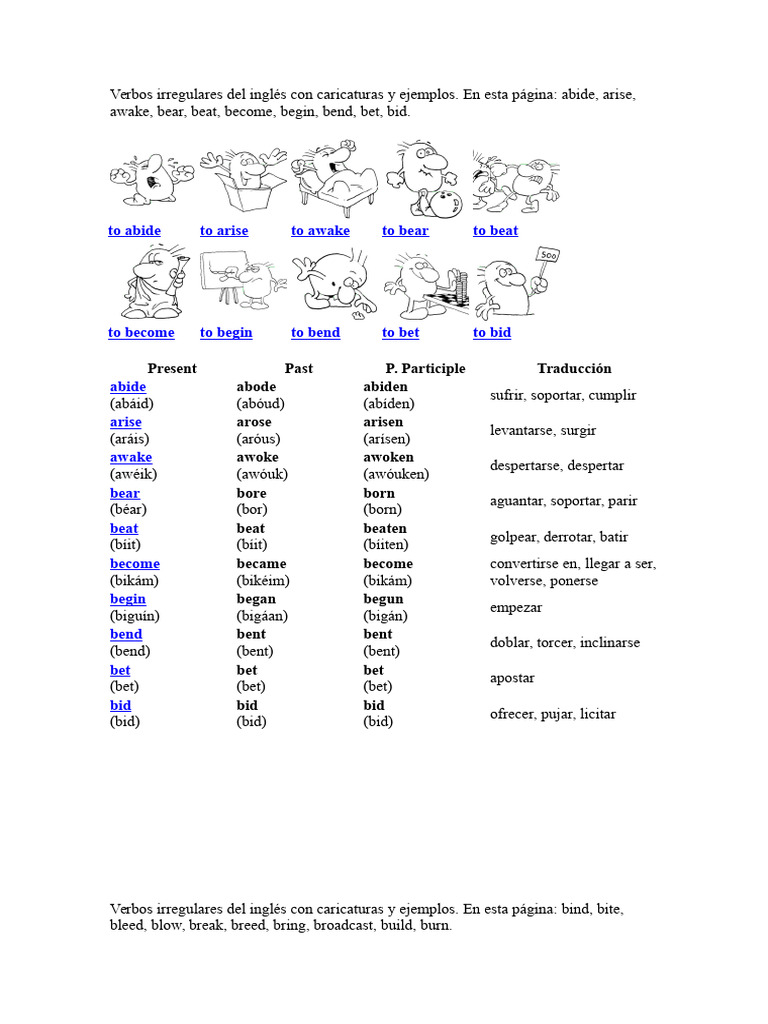 Verbos Irregulares Del Ingles Con Caricaturas Y Ejemplos Pdf