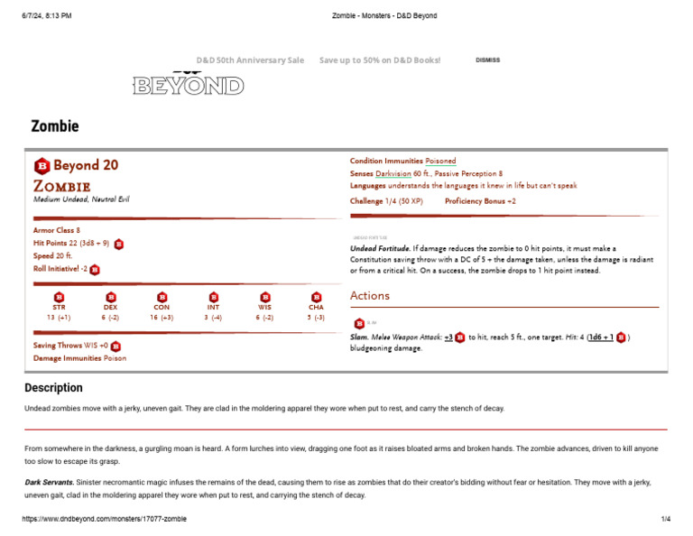 D&D Zombie Stats & Description | PDF | Role Playing Games