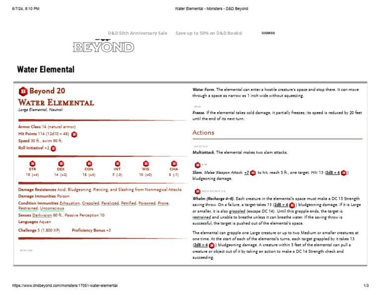Water Elemental - Monsters - D&D Beyond | Download Free PDF | Role ...