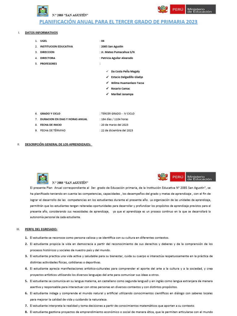 Plan Anual 3er Grado 2023 | PDF | Comunicación | Multiplicación