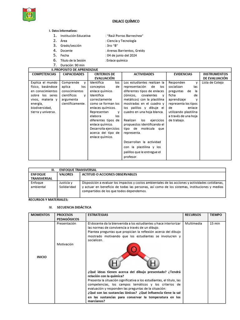 SESIÓN DE APRENDIZAJE - Enlace Quimico | PDF | Compuestos químicos ...