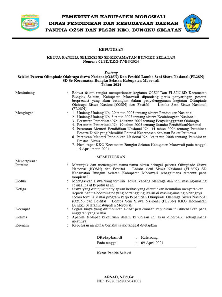 SK Hasil Seleksi O2SN Dan FLS2N 2024 | PDF