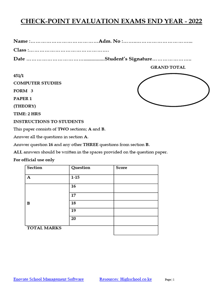 451 COMPUTER F3 Paper 1 Questions EndTerm 3 2022 | PDF | Computer File | Spreadsheet