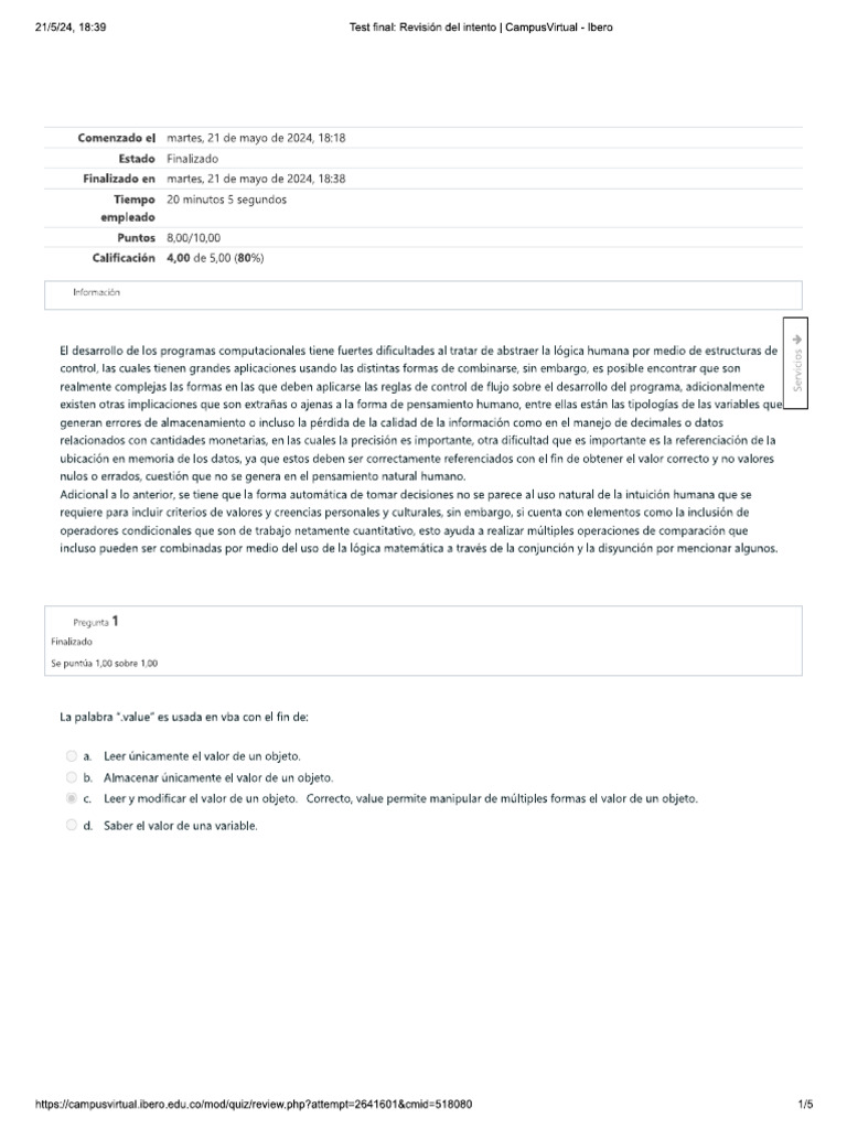 Test Final Fundamentos de Programación Intento 2 | PDF