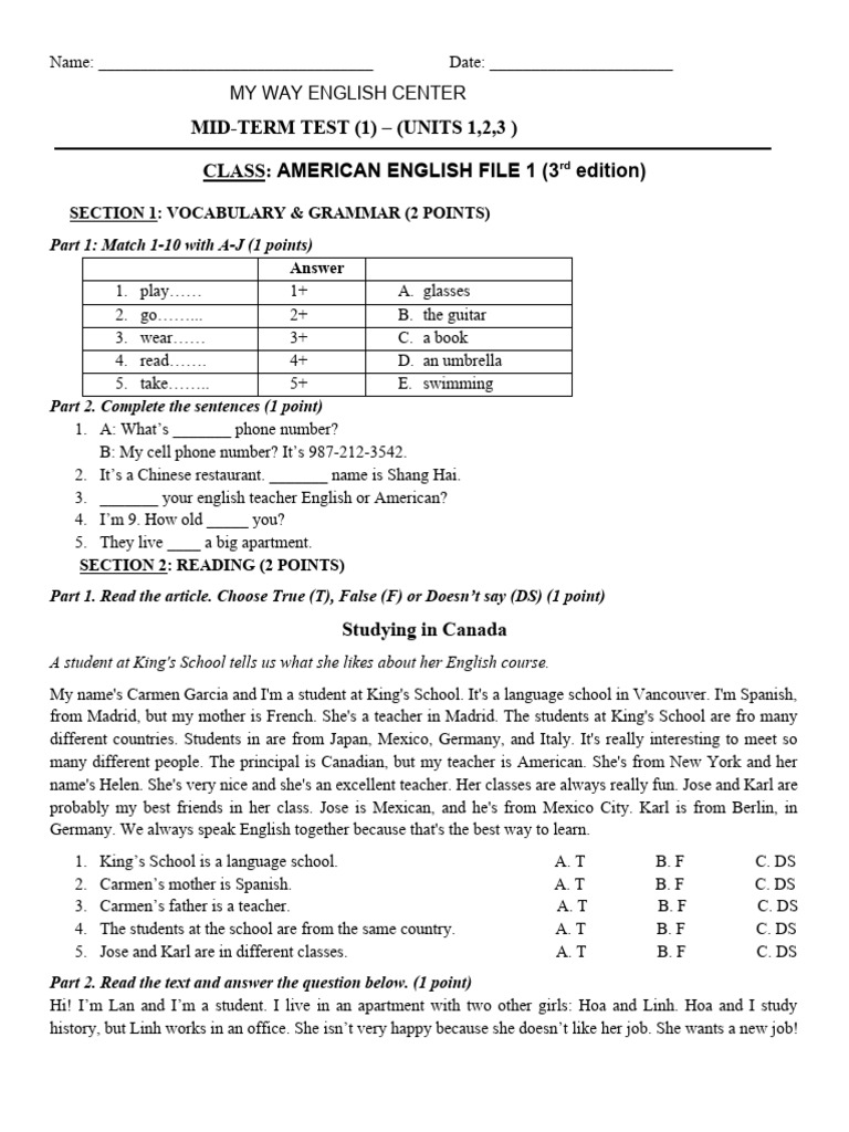 Mid Test 1 (U1,2,3), AEF (3rd) | PDF