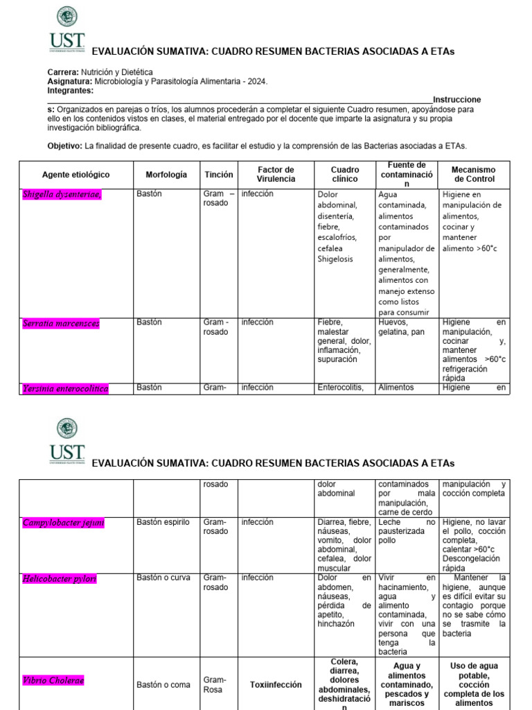 Cuadro Resumen Bacterias Asociadas A ETAs-2024 | PDF | Diarrea | Alimentos