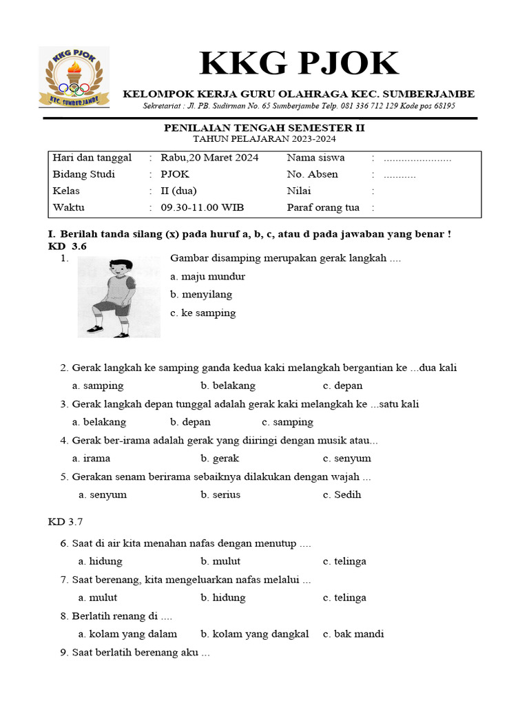 Soal PTS SMT 2 KLS 2 KKG Pjok | PDF