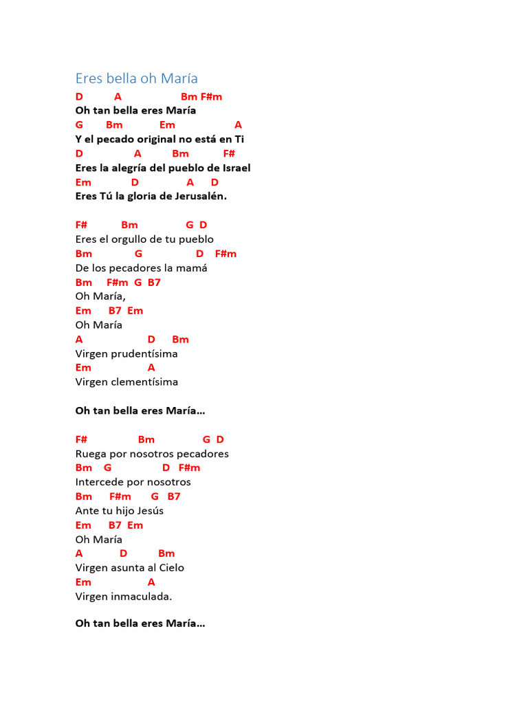 Eres Bella, Oh María: Letra y Acordes | PDF
