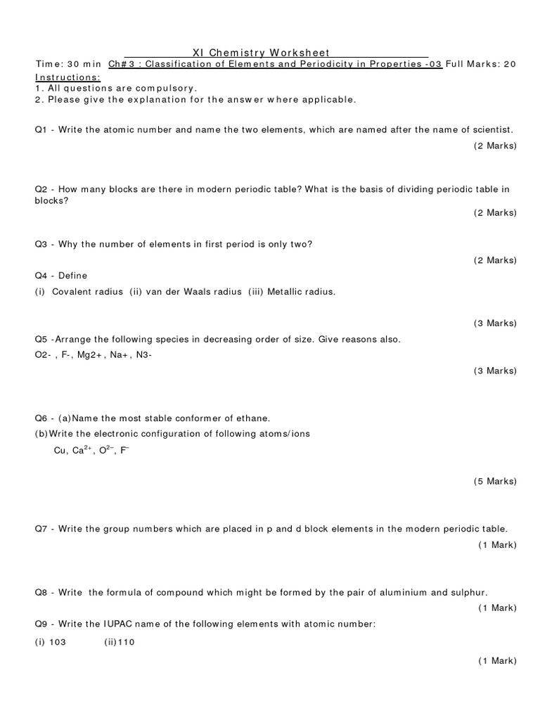 Cbse Class 11 Chemistry Worksheet Classification Of Elements And