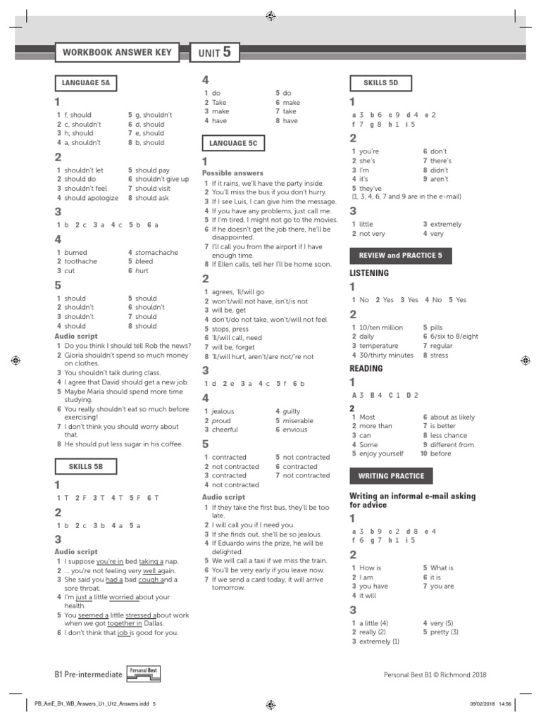 B1 WorkBook Answers Unit-5 | PDF
