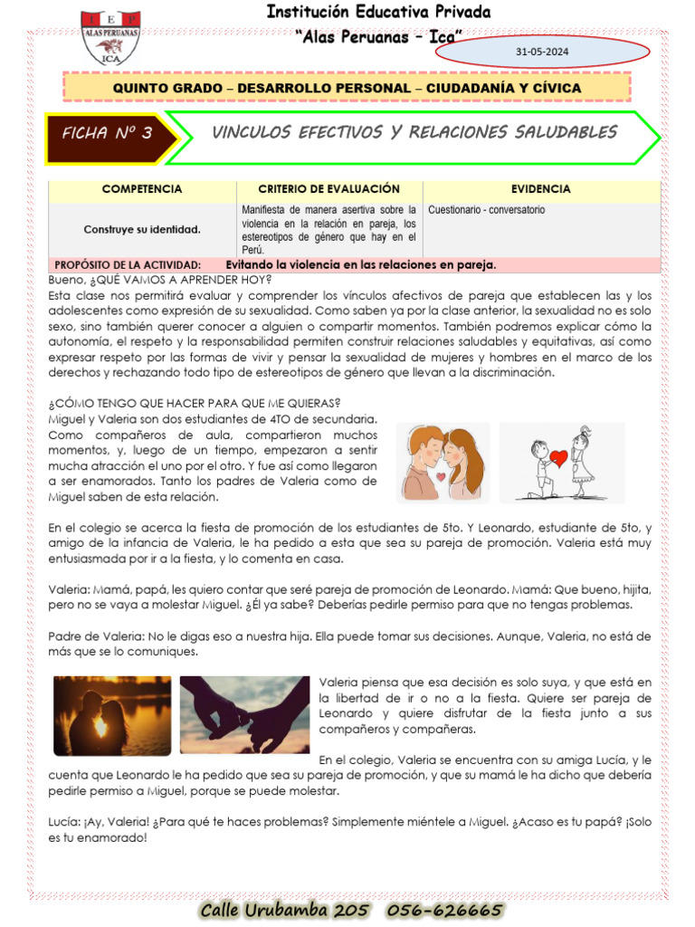 Ficha de Trabajo 2024 Vinculos Afectivos y Relaciones Saludables | Descargar gratis PDF | La ...