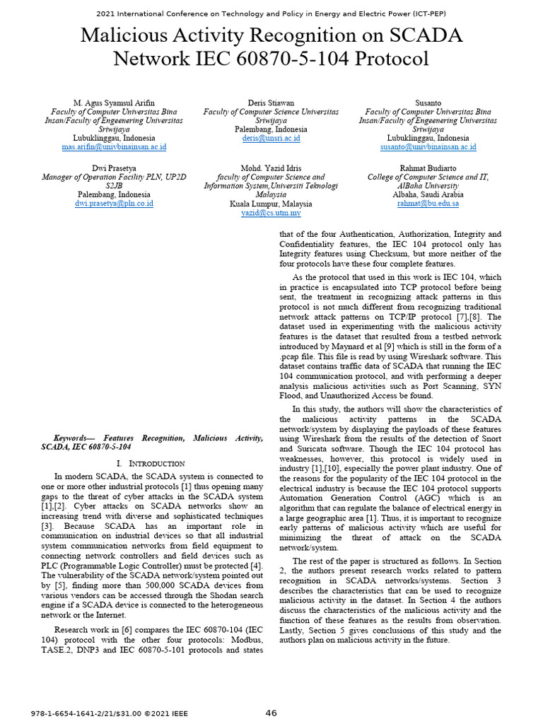 Malicious Activity Recognition On SCADA IEC 104 Network | PDF | Transmission Control Protocol ...