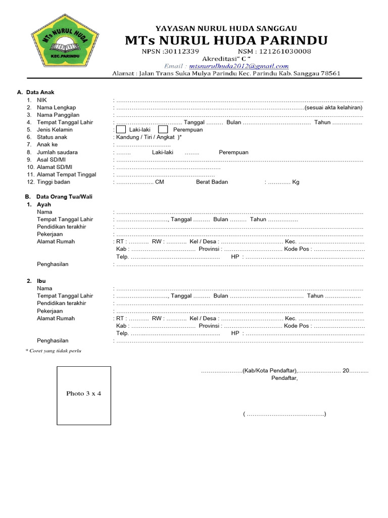 Formulir Pendaftaran Siswa Baru MTS Nurul Huda Parindu Ta.2024-2025 | PDF