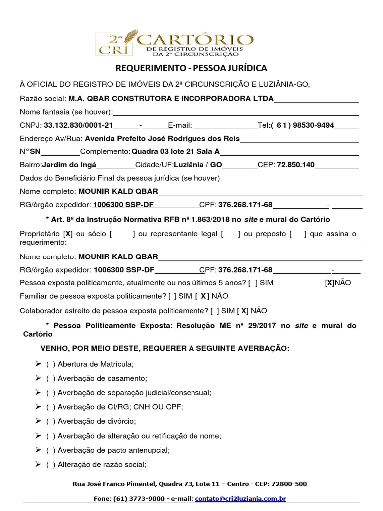 Requerimento Padrao Pessoa Juridica Assinado | PDF | Direito Comum | Direito Civil (sistema ...