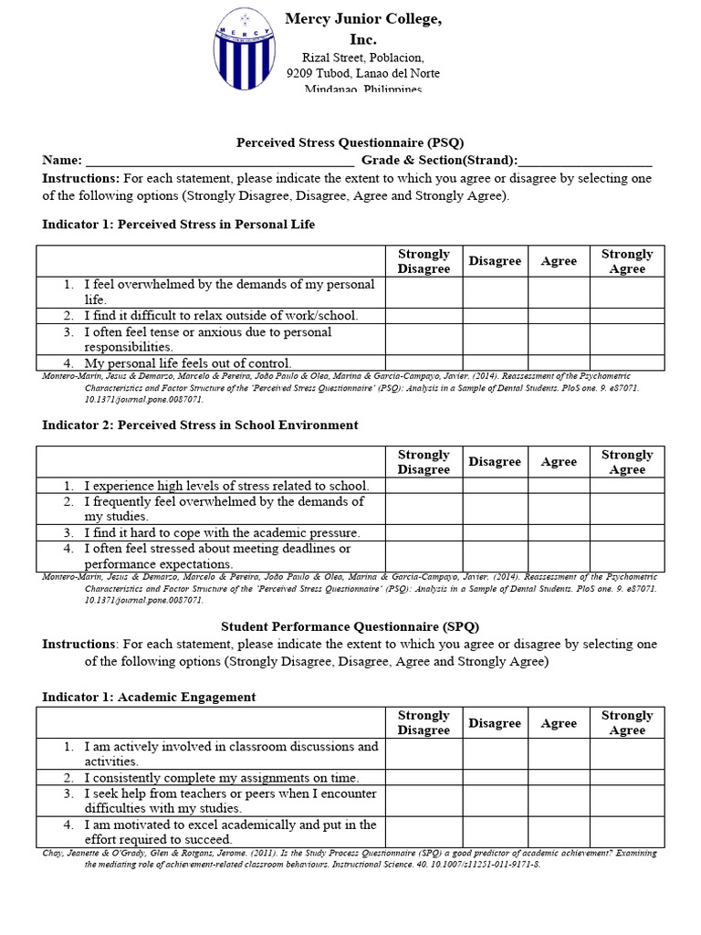 Perceived Stress Questionnaire Students Perfomance Score and ...