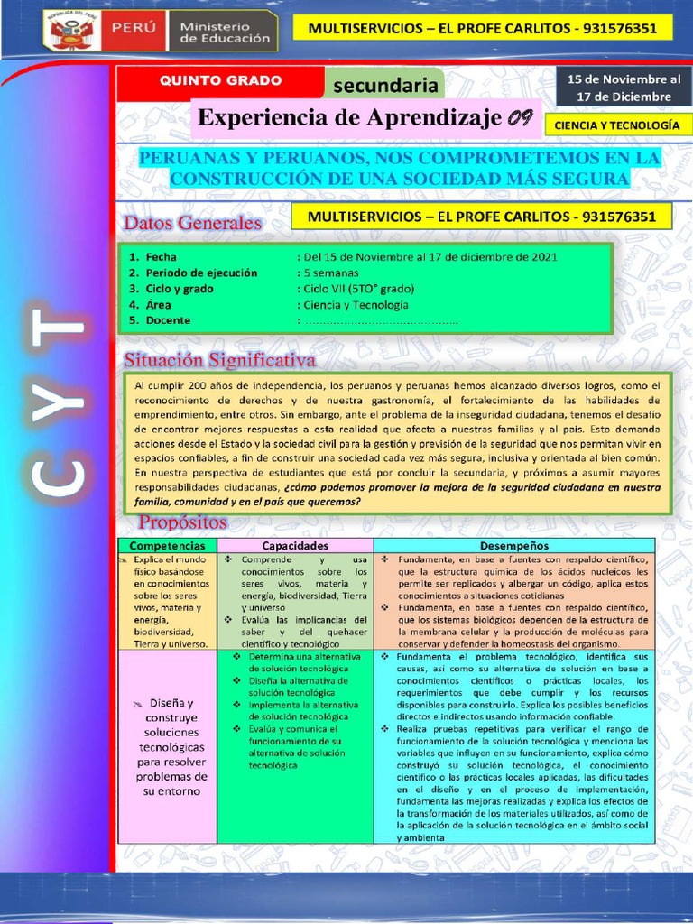 EXPERIENCIA DE APRENDIZAJE 9 - CICLO VII - 5TO - CYT | PDF