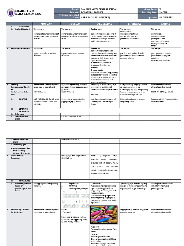 DLL - Mapeh 5 - Q4 - W1 | PDF