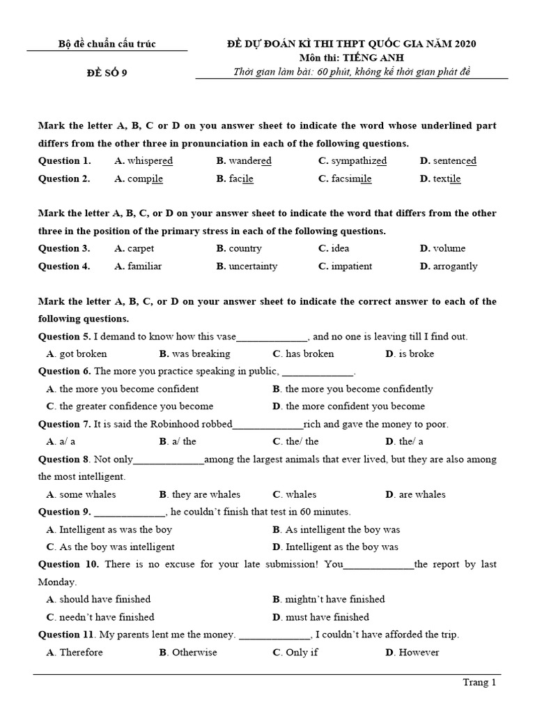Đề Chuẩn Tiếng Anh 2020 - Đề 9 | PDF | Handedness | Dogs