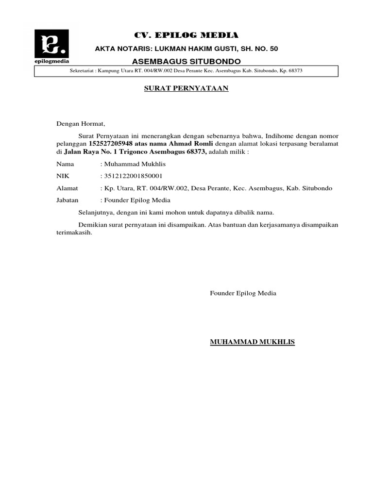 Surat Pernyataan Balik Nama Indihome | PDF Surat Pernyataan Balik Nama Indihome | PDF