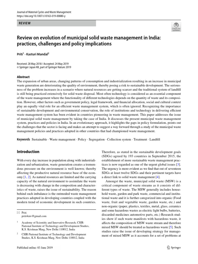 2019-Review On Evolution of MSWM in India-Practices, Challenges and Policy Implications | PDF ...