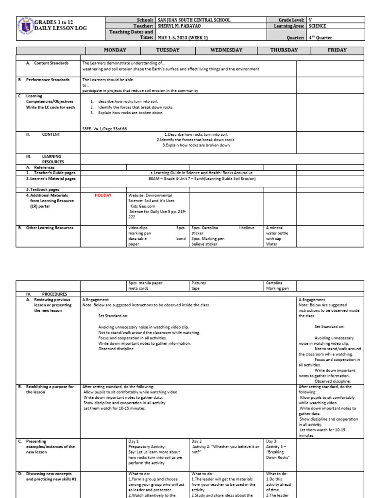 Grade 5 DLL SCIENCE 5 Q4 Week 1 | Download Free PDF | Learning | Classroom